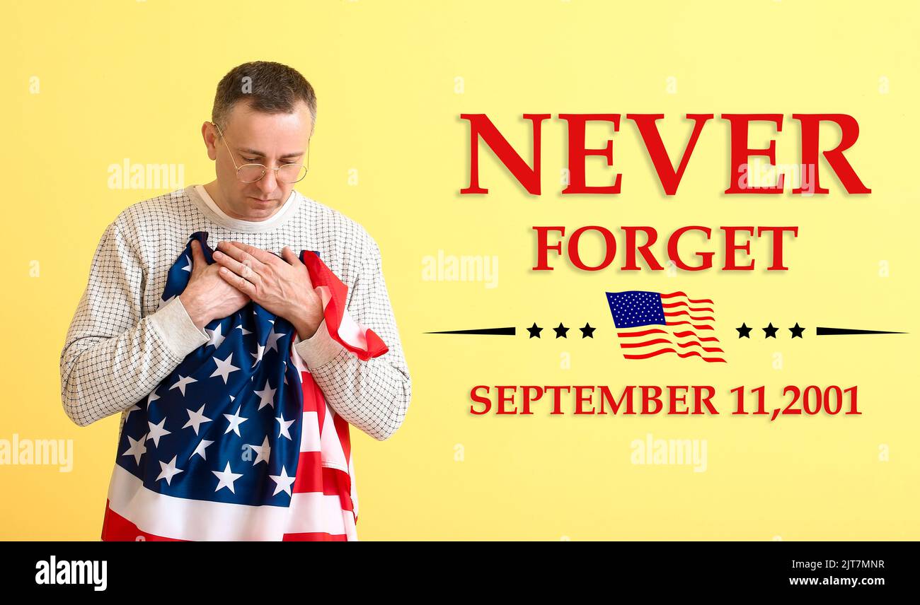 Man with USA flag on yellow background. National Day of Prayer and ...