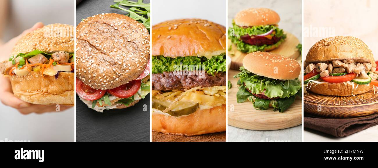 Collage with different tasty burgers Stock Photo - Alamy