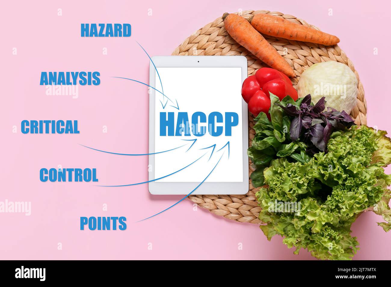 Tablet computer with text HAZARD ANALYSIS AND CRITICAL POINTS and fresh ...