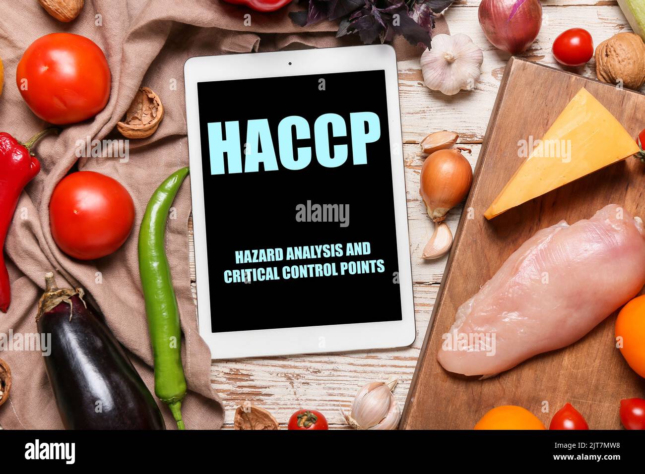 Tablet computer with text HAZARD ANALYSIS AND CRITICAL POINTS and fresh ...