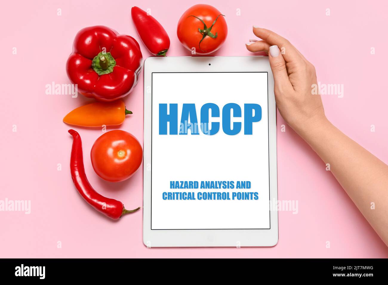 Tablet computer with text HAZARD ANALYSIS AND CRITICAL POINTS, female ...