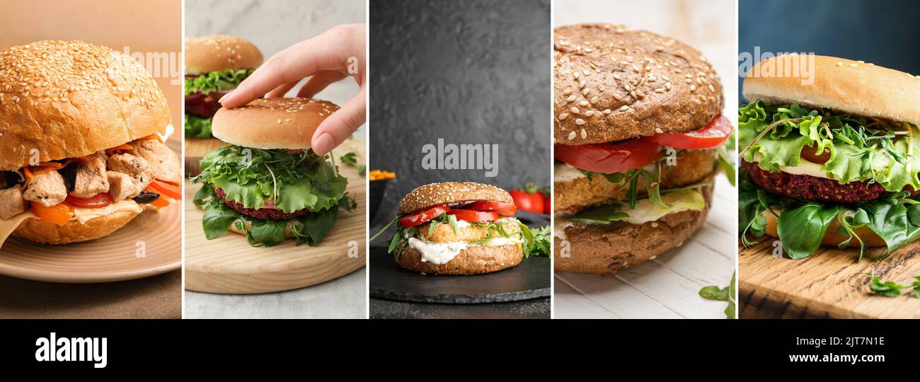 Collage with different tasty burgers Stock Photo - Alamy