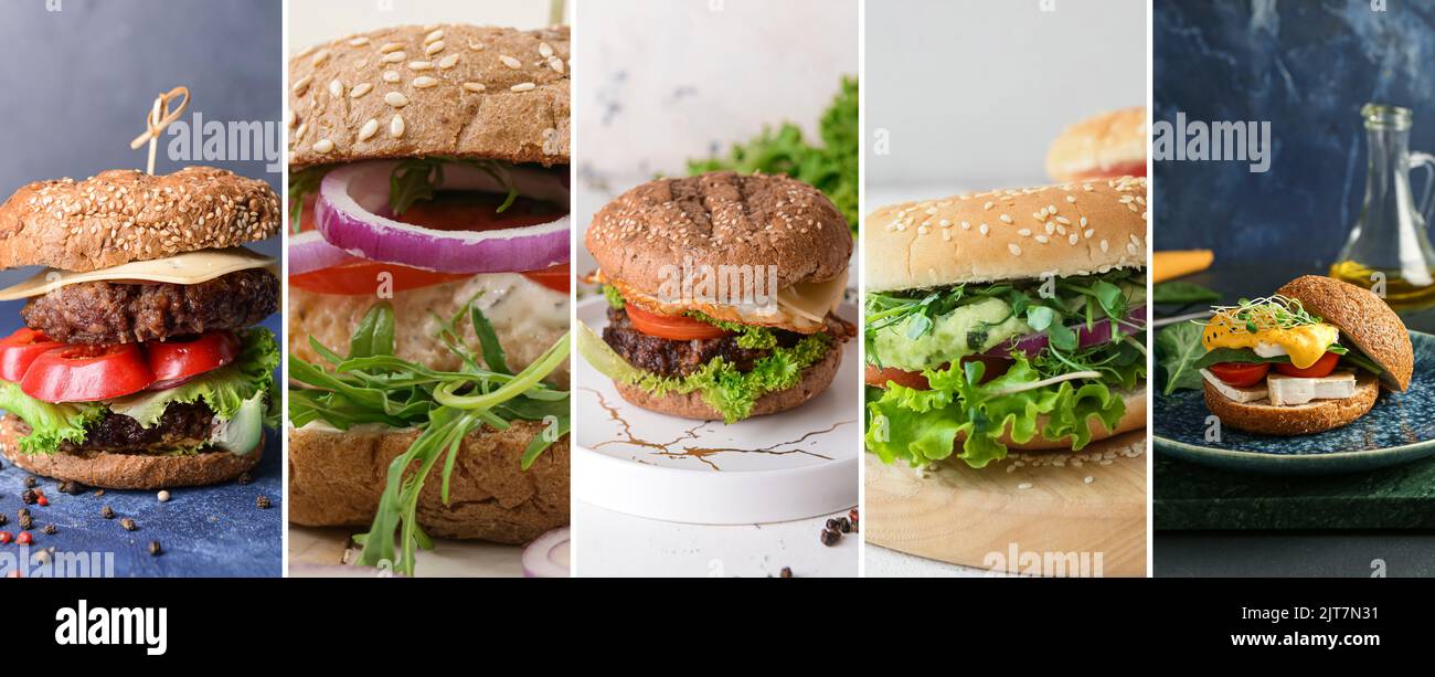 Collage with different tasty burgers Stock Photo - Alamy
