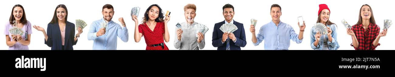 Set of happy people with money on white background Stock Photo - Alamy
