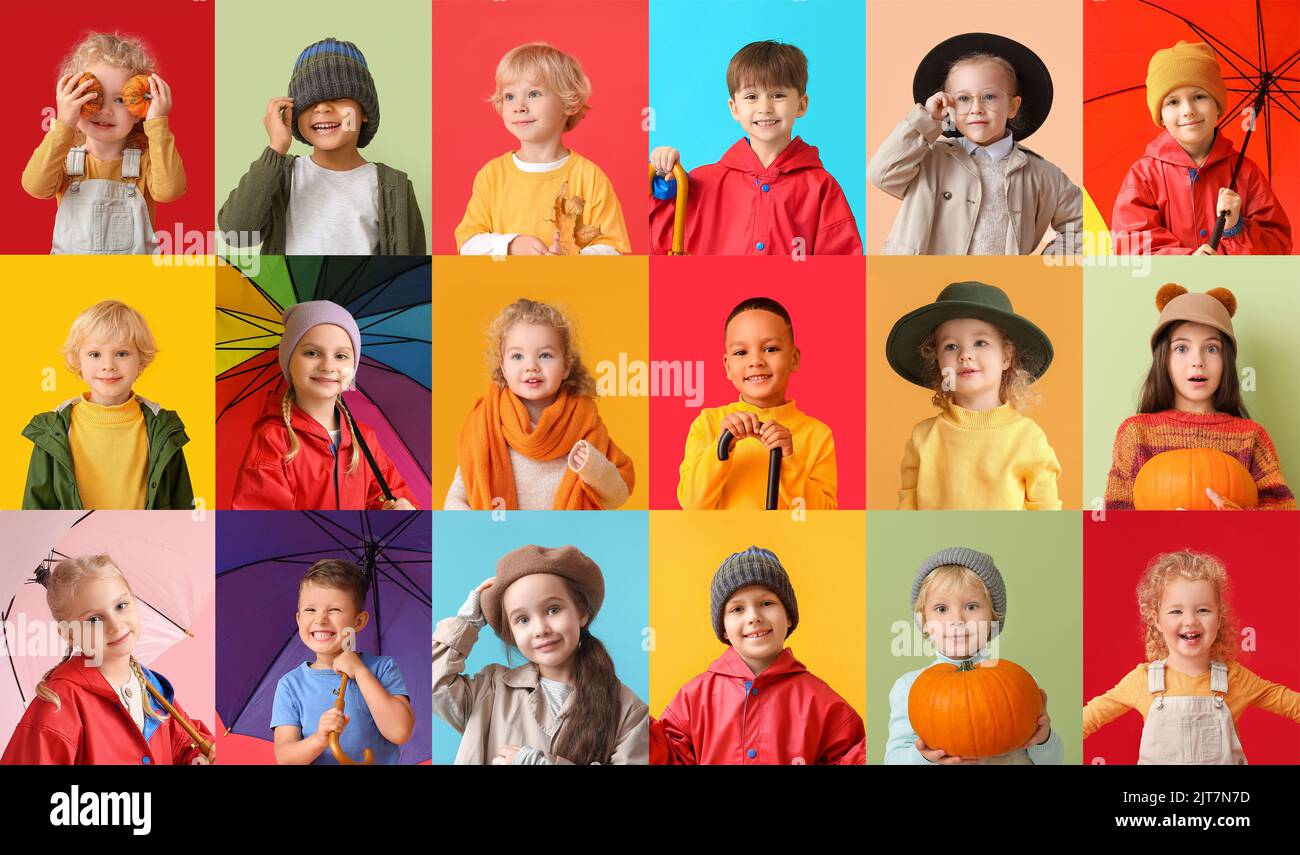 Set of little children in autumn clothes on colorful background Stock ...