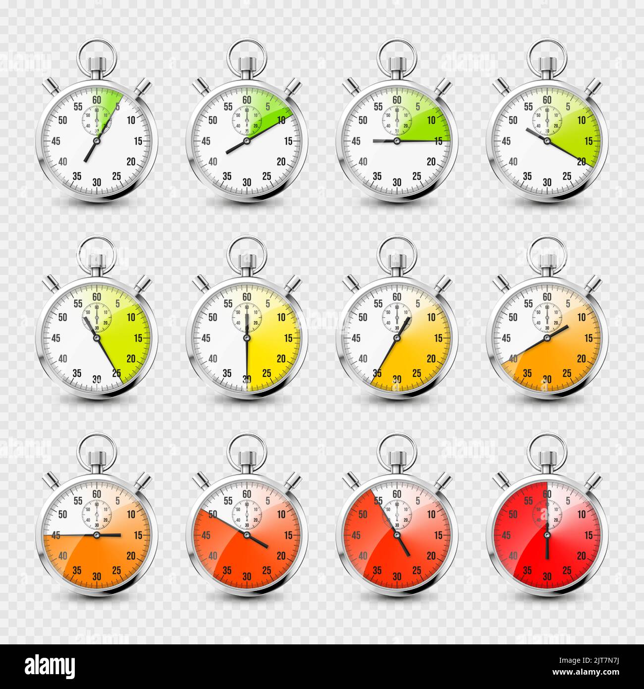 Realistic classic stopwatch icons. Shiny metal chronometer, time ...