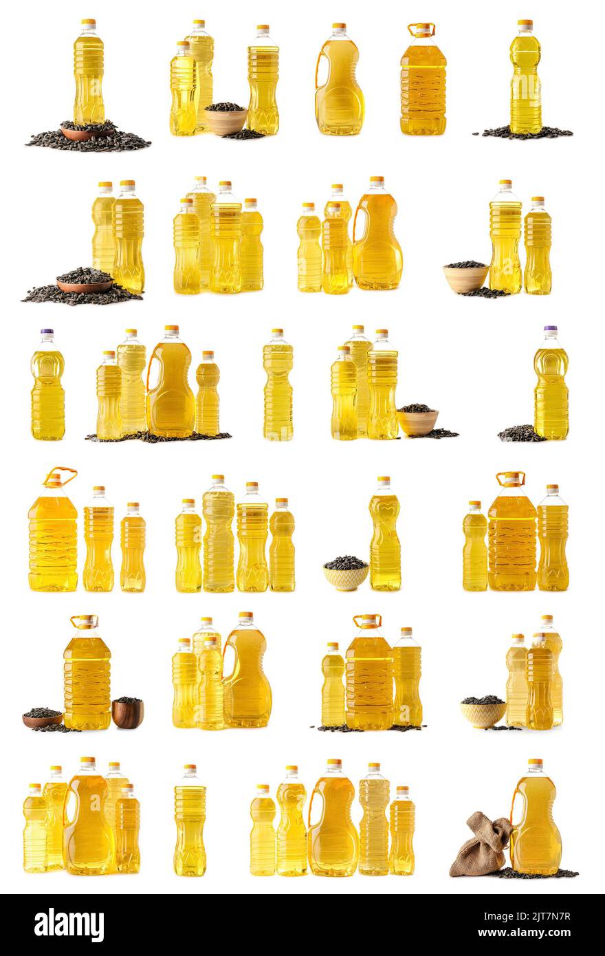 Many bottles of sunflower oil on white background Stock Photo - Alamy