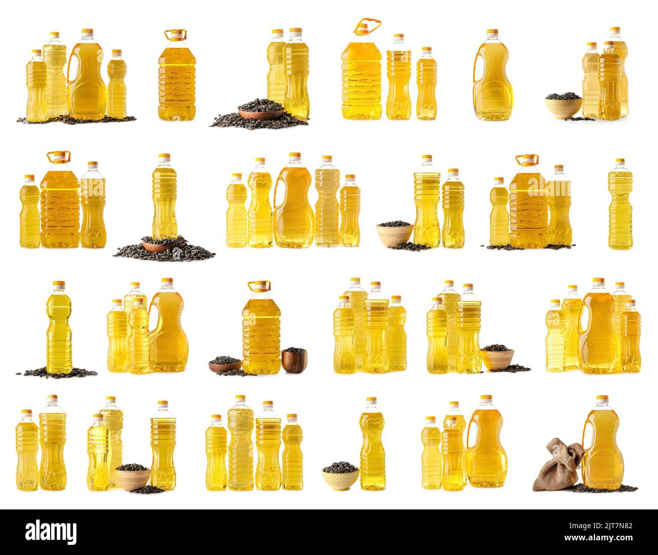 Many bottles of sunflower oil on white background Stock Photo - Alamy