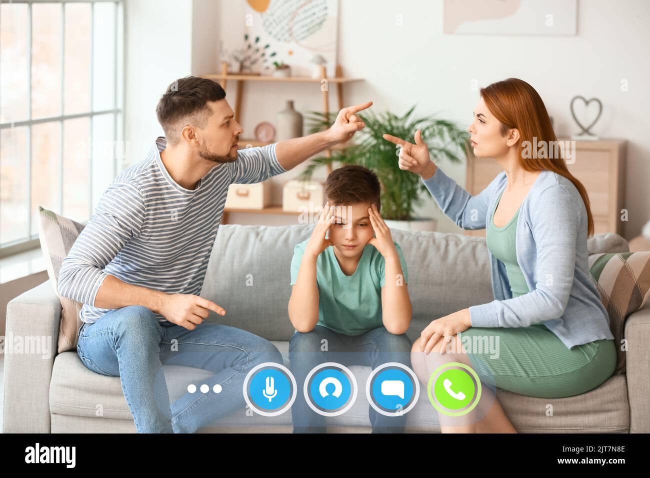 Sad little boy and his quarrelling parents video chatting with ...