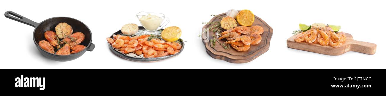 Collage of tasty cooked shrimps on white background Stock Photo - Alamy