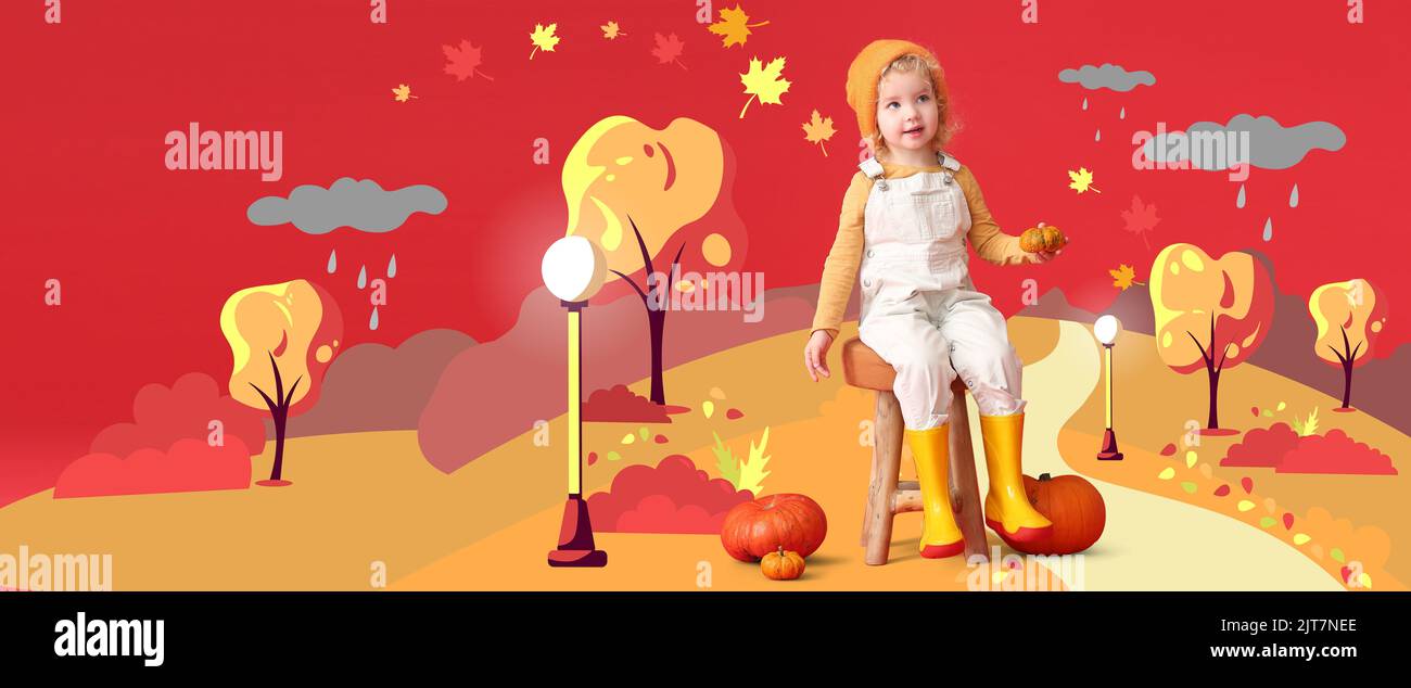 Cute little girl with fresh pumpkins in drawn autumn park Stock Photo ...