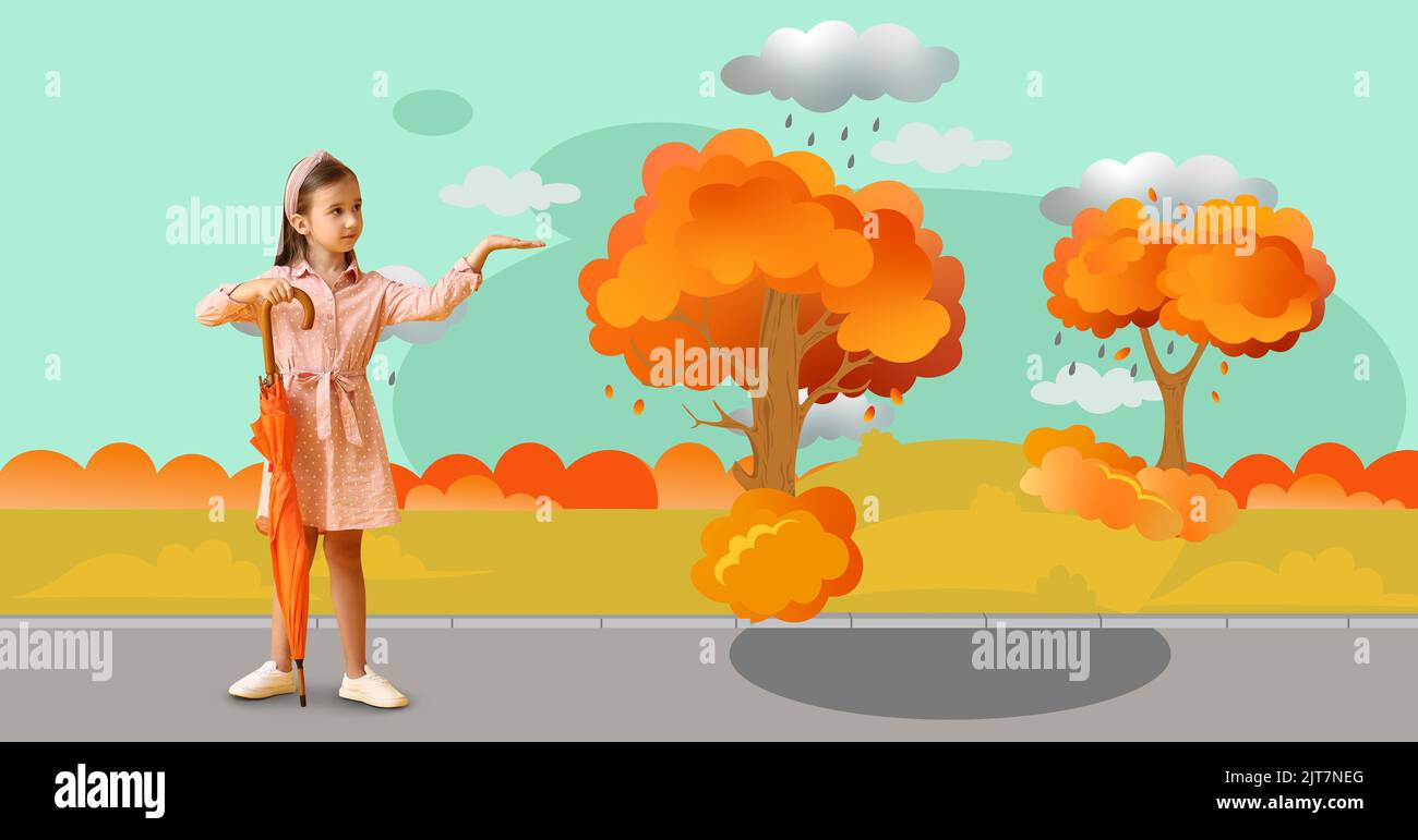 Cute little girl with umbrella in drawn autumn park Stock Photo - Alamy