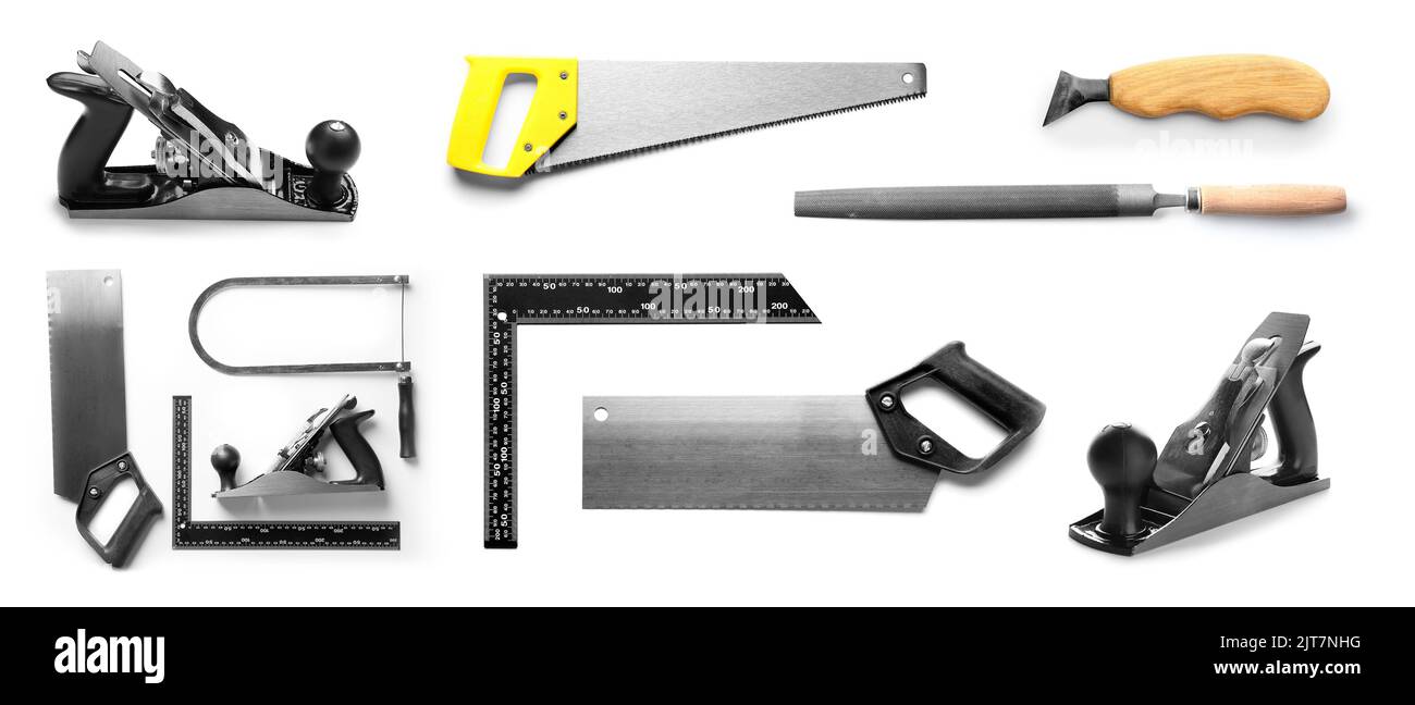 Set of carpenter's tools on white background Stock Photo - Alamy