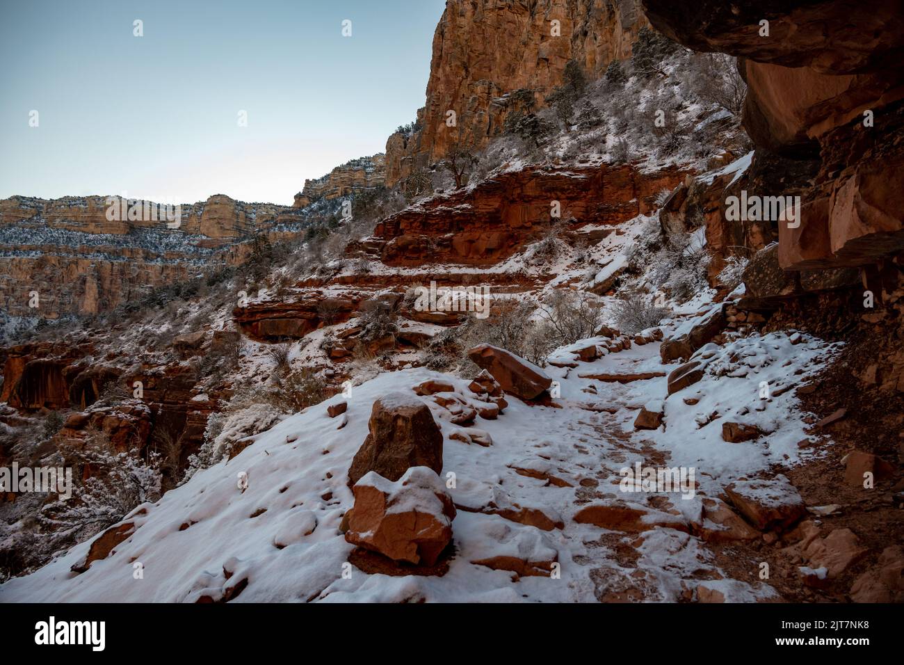 Red Rocks Frosted In Snow Along Bright Angel Trail in Grand Canyon ...