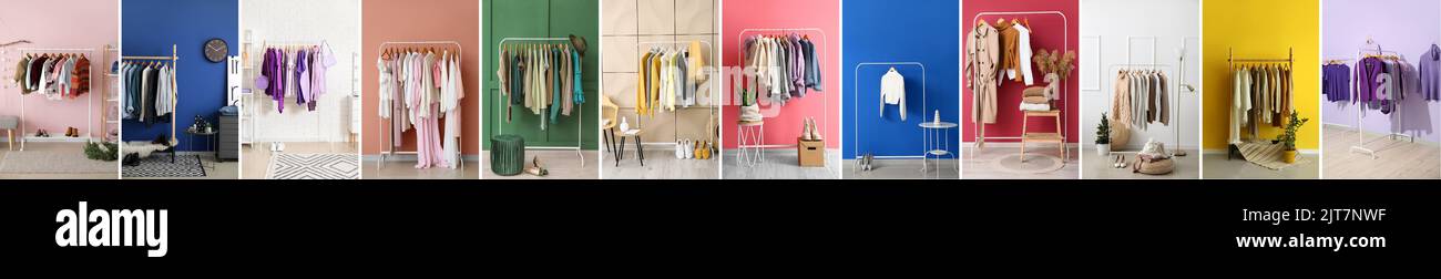 Collage of hangers with autumn clothes and accessories in interiors of ...