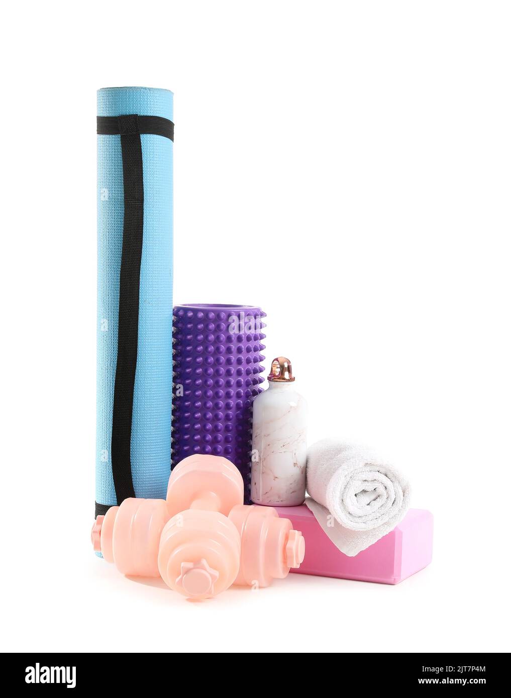 Foam roller, mat, bottle, dumbbells and towel on white background Stock ...