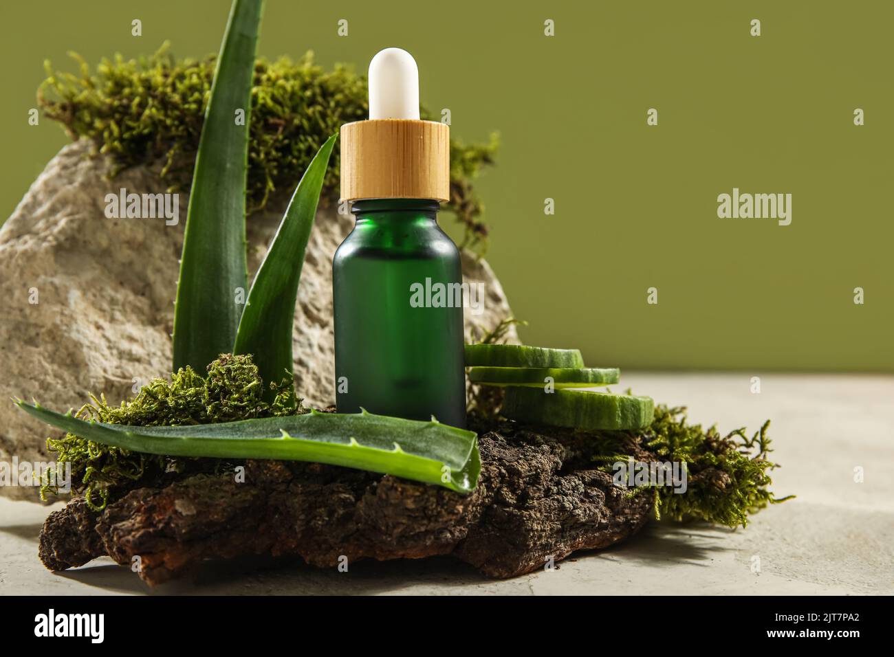 Composition with bottle of essential oil, aloe vera leaves and tree ...
