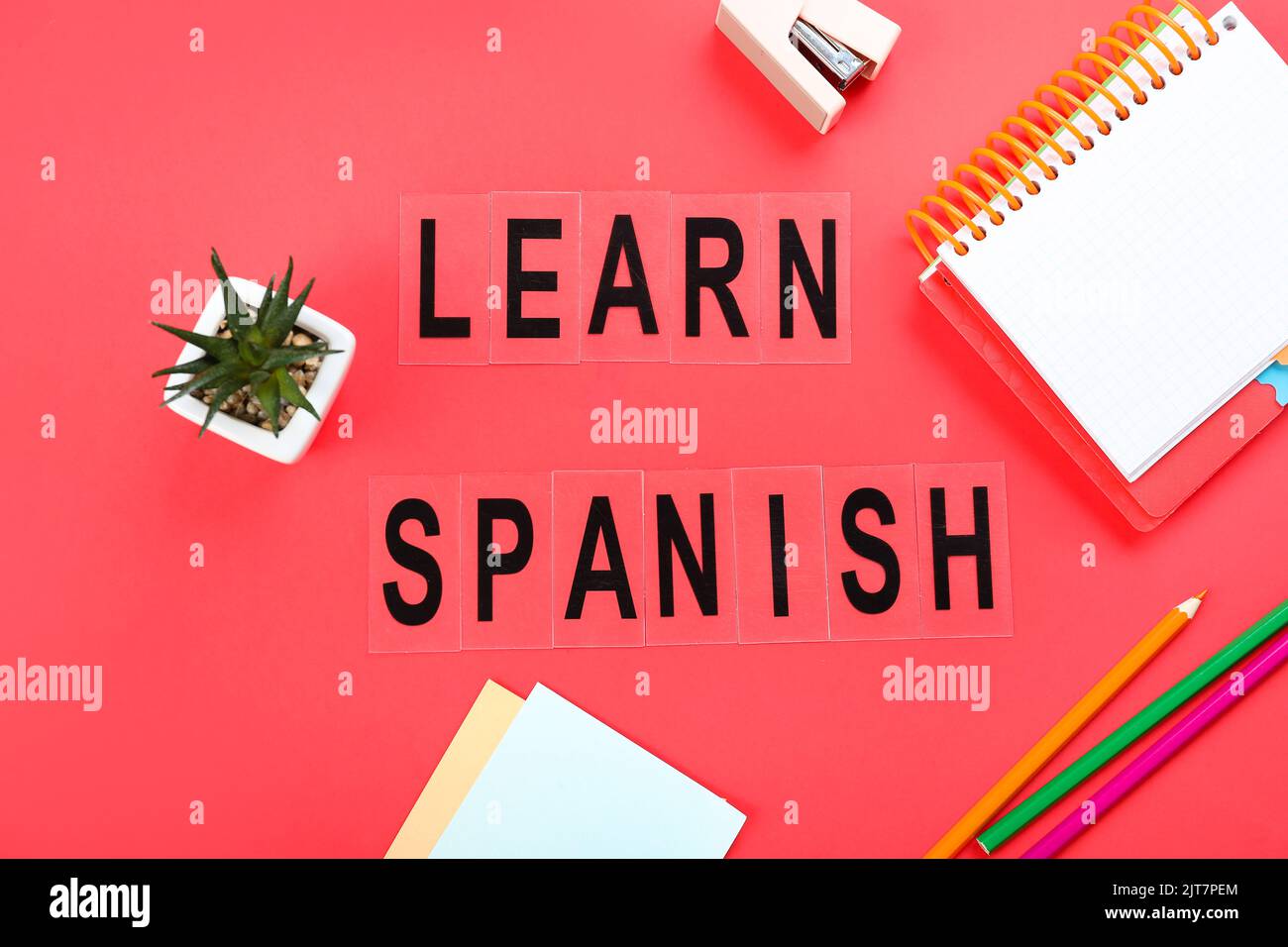 Text LEARN SPANISH with stationery and flowerpot on red background ...