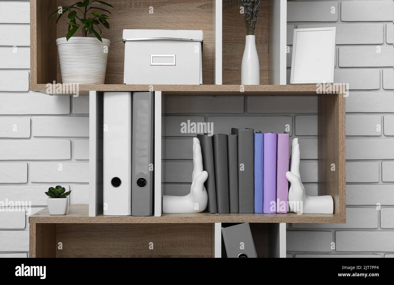 Shelving unit with stylish holder for books and houseplants near white ...