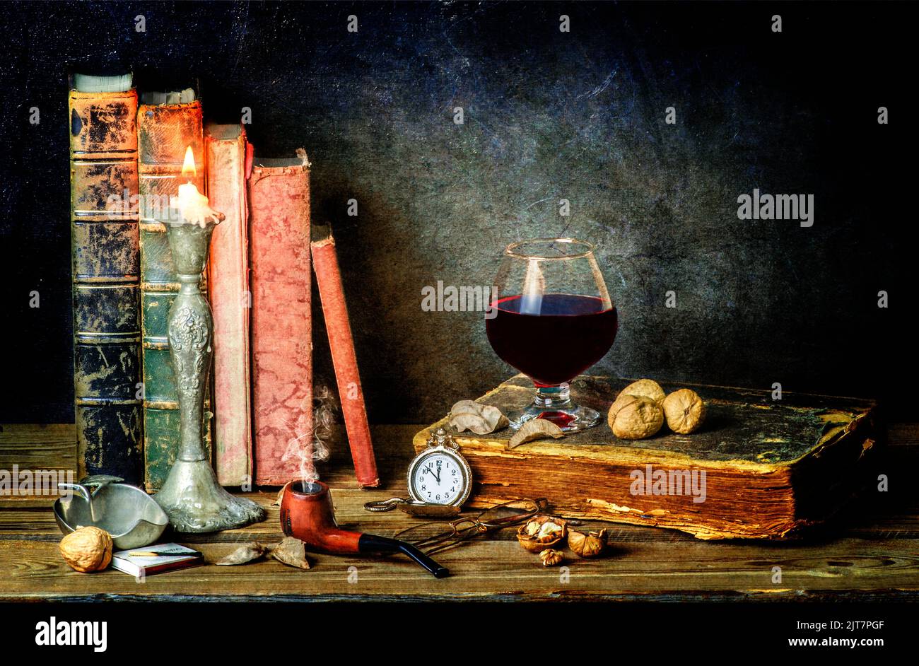 Classic still life with vintage books placed with old pipe, pocket ...