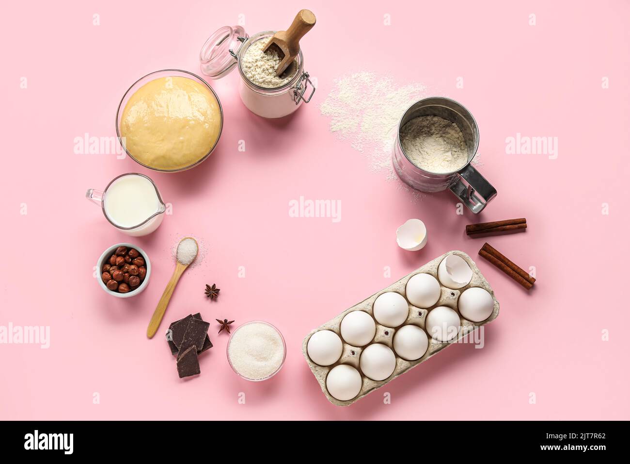 Frame made of ingredients for baking on pink background Stock Photo - Alamy