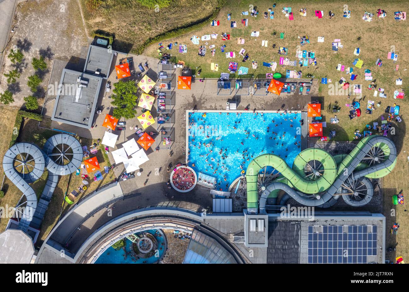 Aerial view, AQUApark Oberhausen, swimming pool with water slides ...