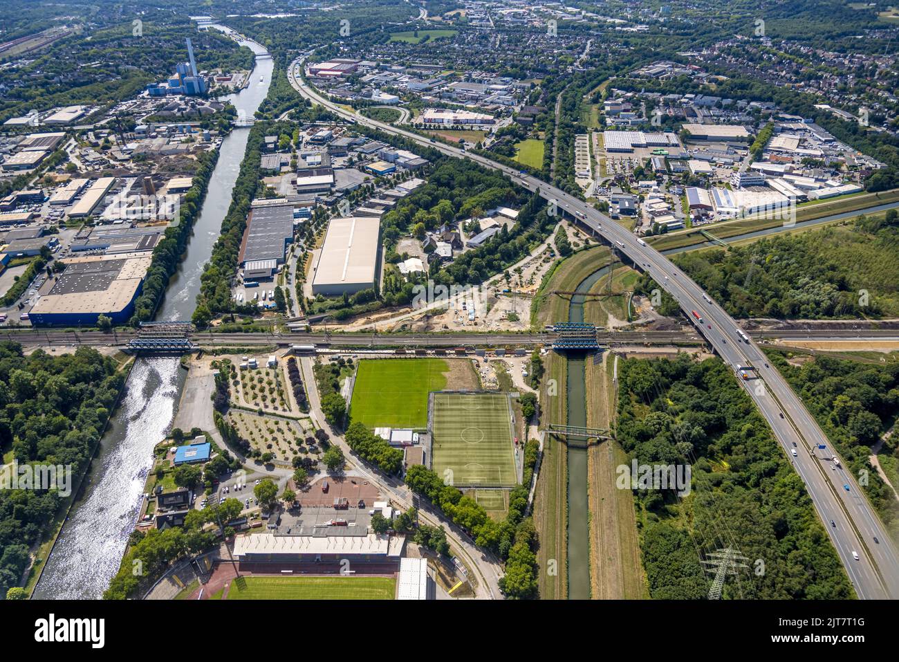 Aerial view, Rhine-Herne canal, river Emscher, railroad line and ...