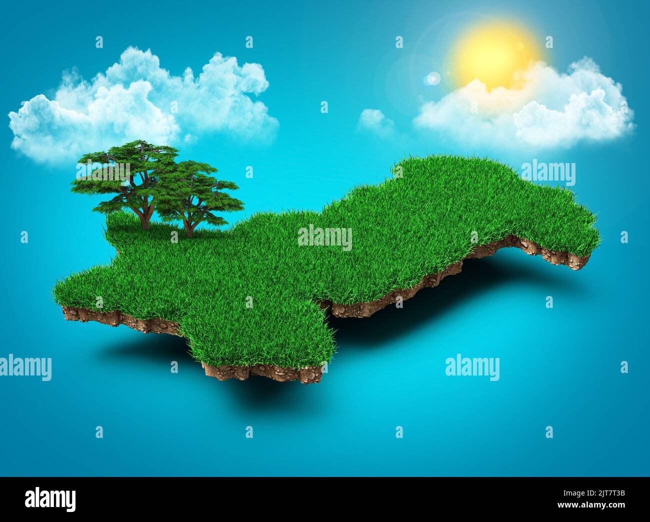 A Pakistan map with green grass and clouds, tree, and sun rays on a ...