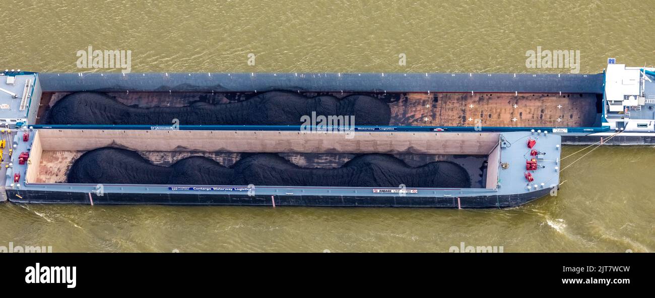 Aerial view, restricted loading of cargo ships on the Rhine due to low ...