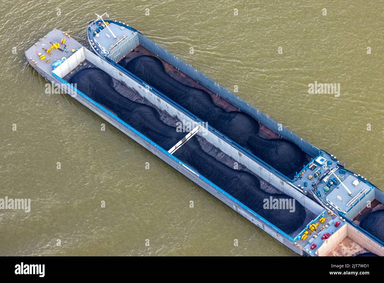 Aerial view, restricted loading of cargo ships on the Rhine due to low ...