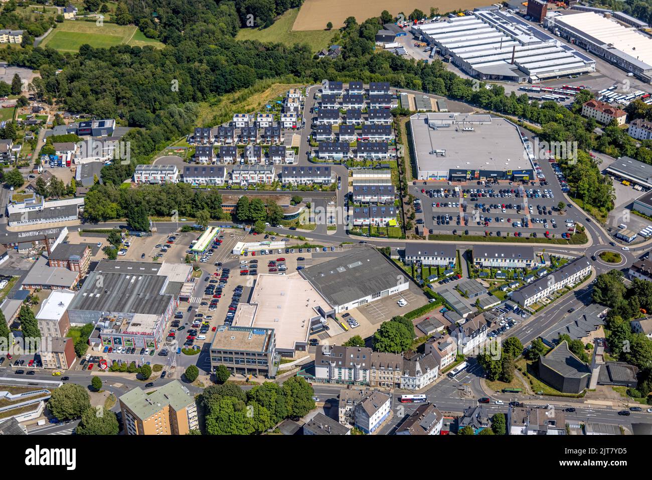 Aerial view, new construction housing estate Winkelstraße, shopping ...