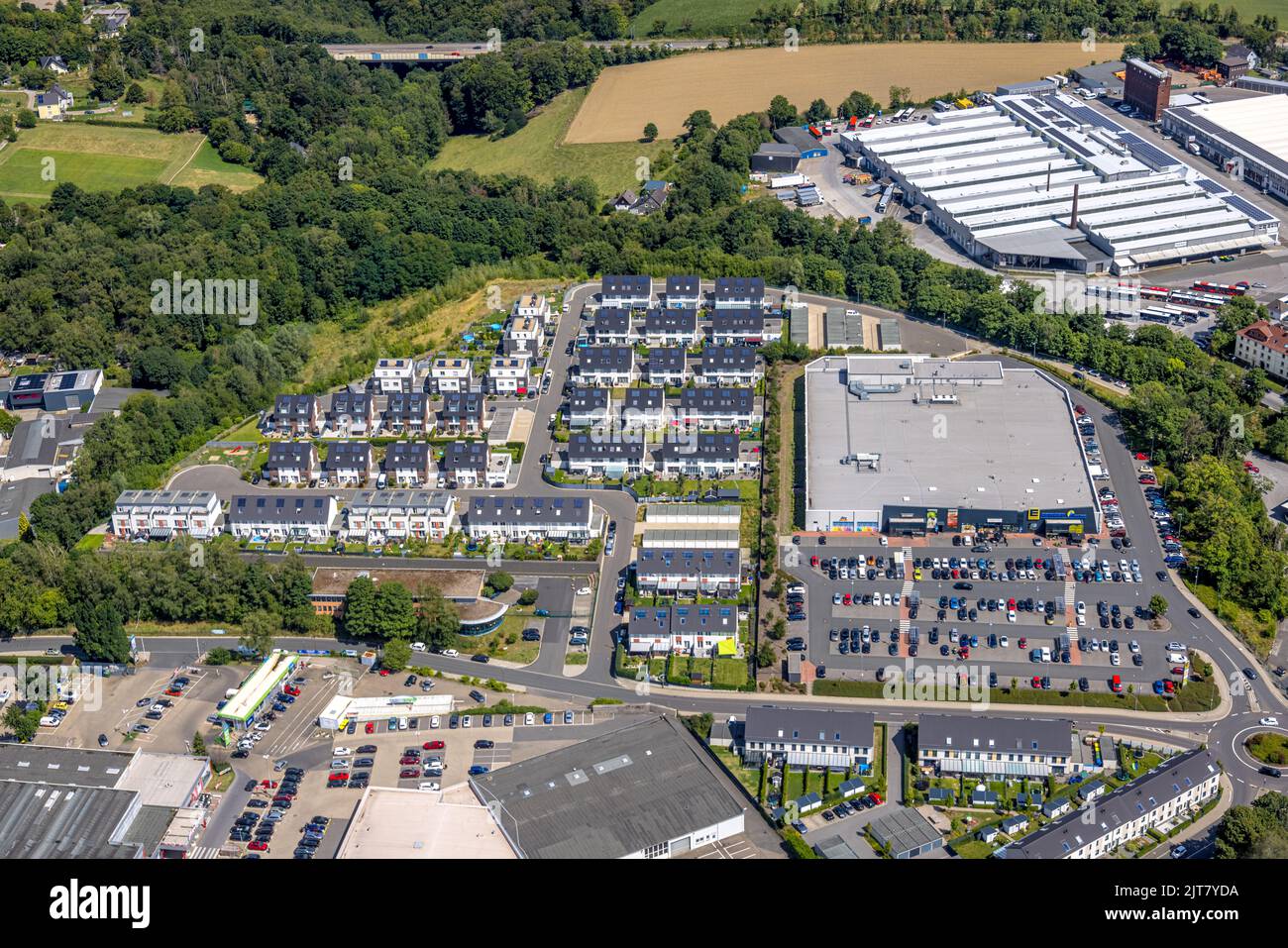 Aerial view, new construction housing estate Winkelstraße, shopping ...