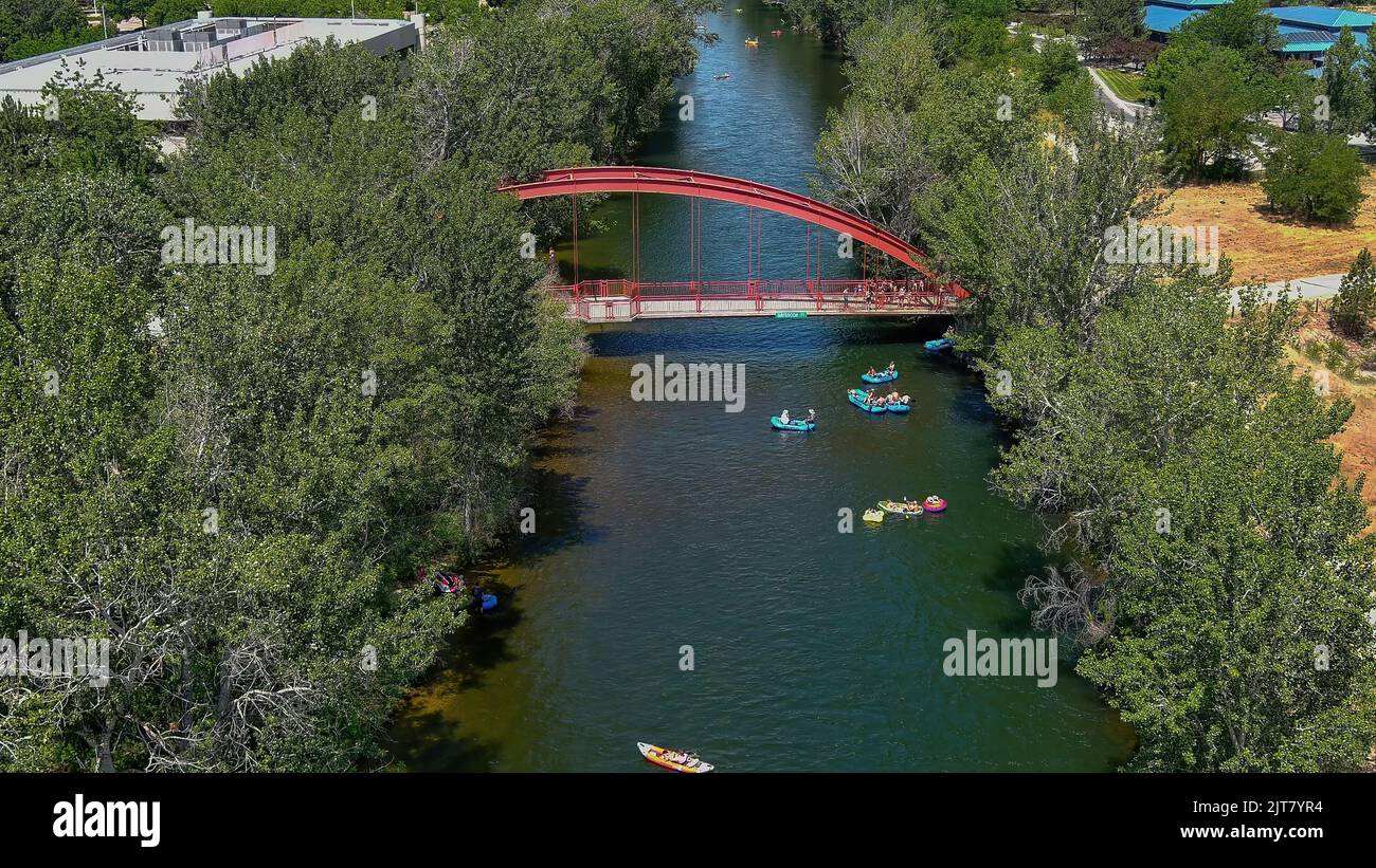 Aerial view of rafts floating the Boise River Stock Photo - Alamy