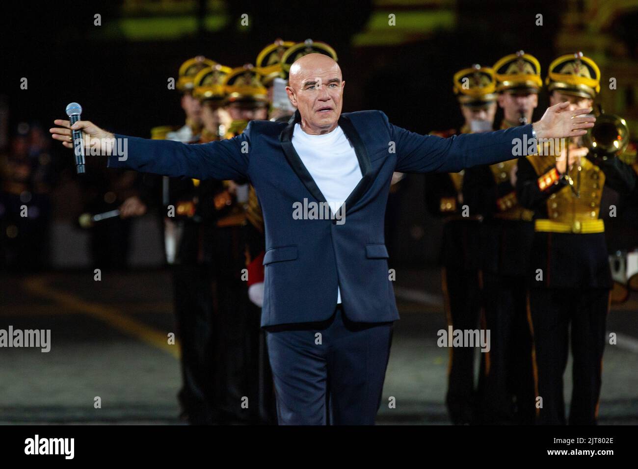 Moscow, Russia. 26th of August, 2022. Russian singer and musician Sergey Mazaev performs during ...