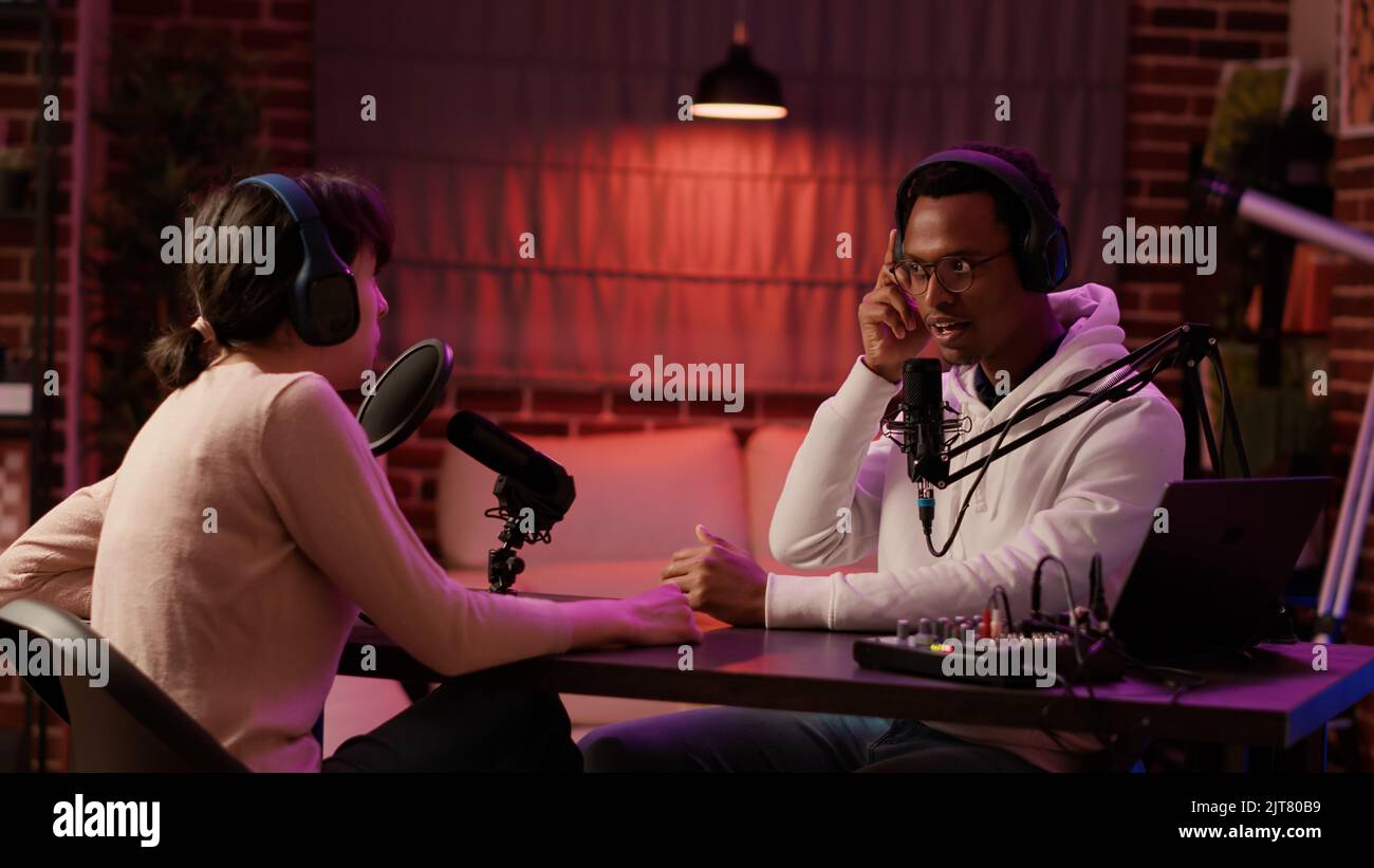 African american internet show host interviewing famous influencer ...