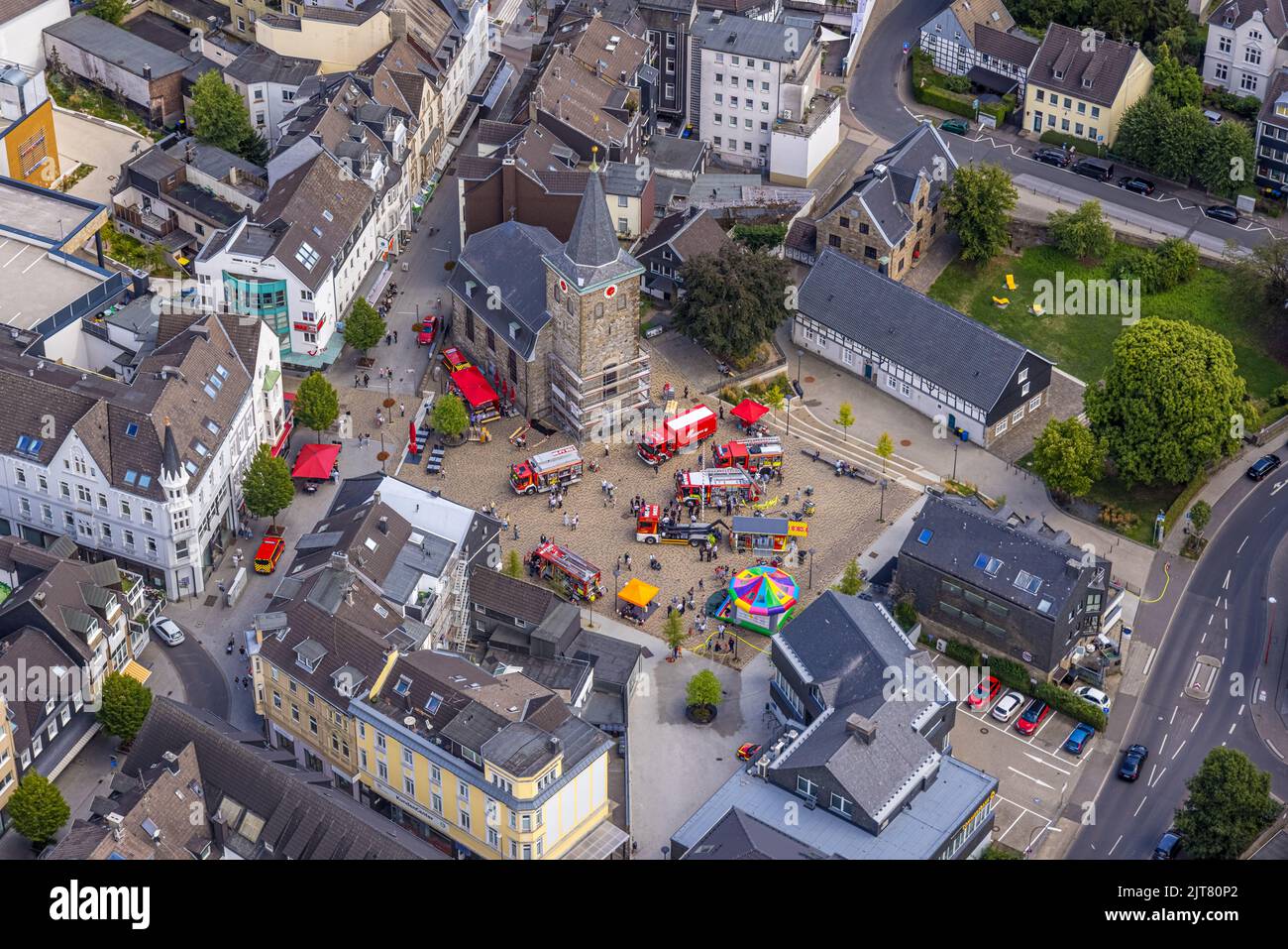 Aerial view, blue light day, fire department center of volunteer fire ...