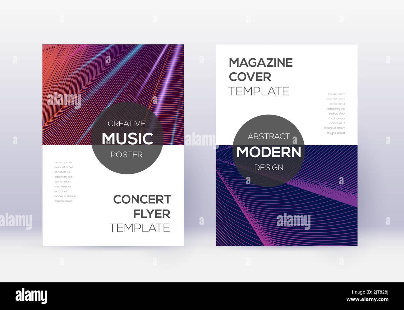 Modern cover design template set. Violet abstract lines on dark ...