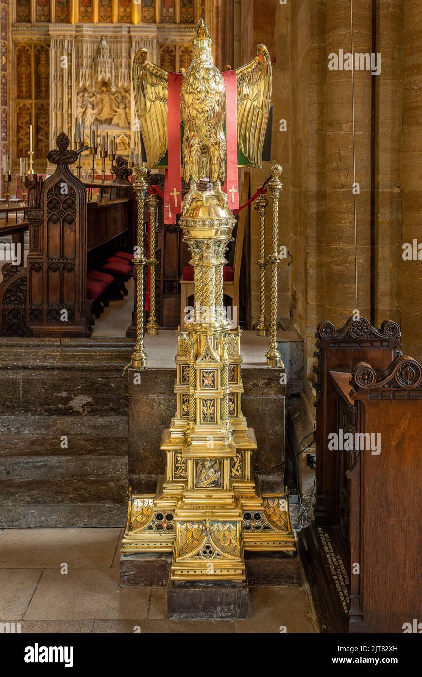 Ornate golden brass eagle lectern inside Sherborne Abbey, Dorset, UK on ...