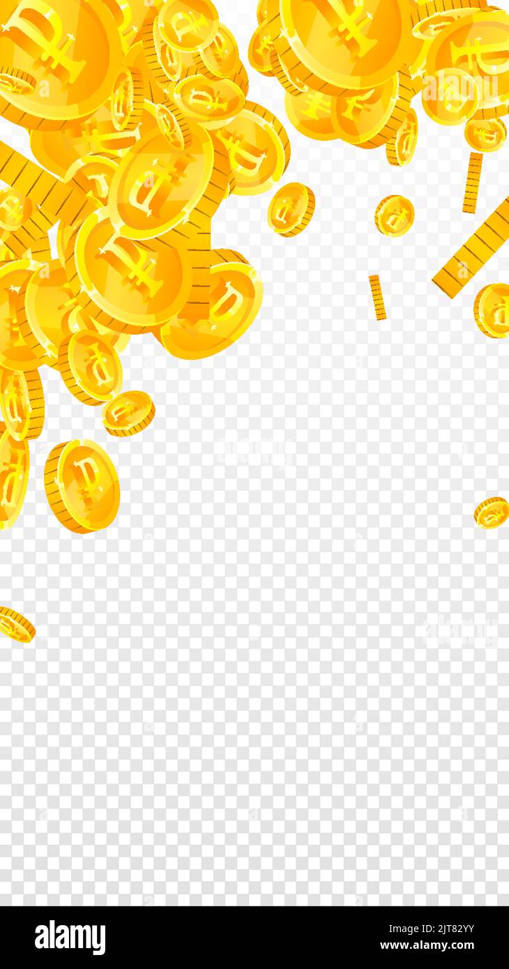 Russian ruble coins falling. Scattered gold RUB coins. Russia money ...