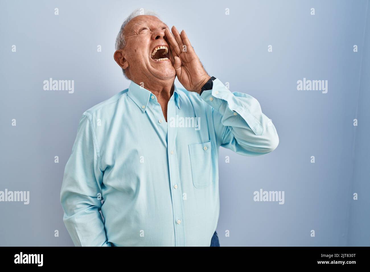 Senior man with grey hair standing over blue background shouting and ...