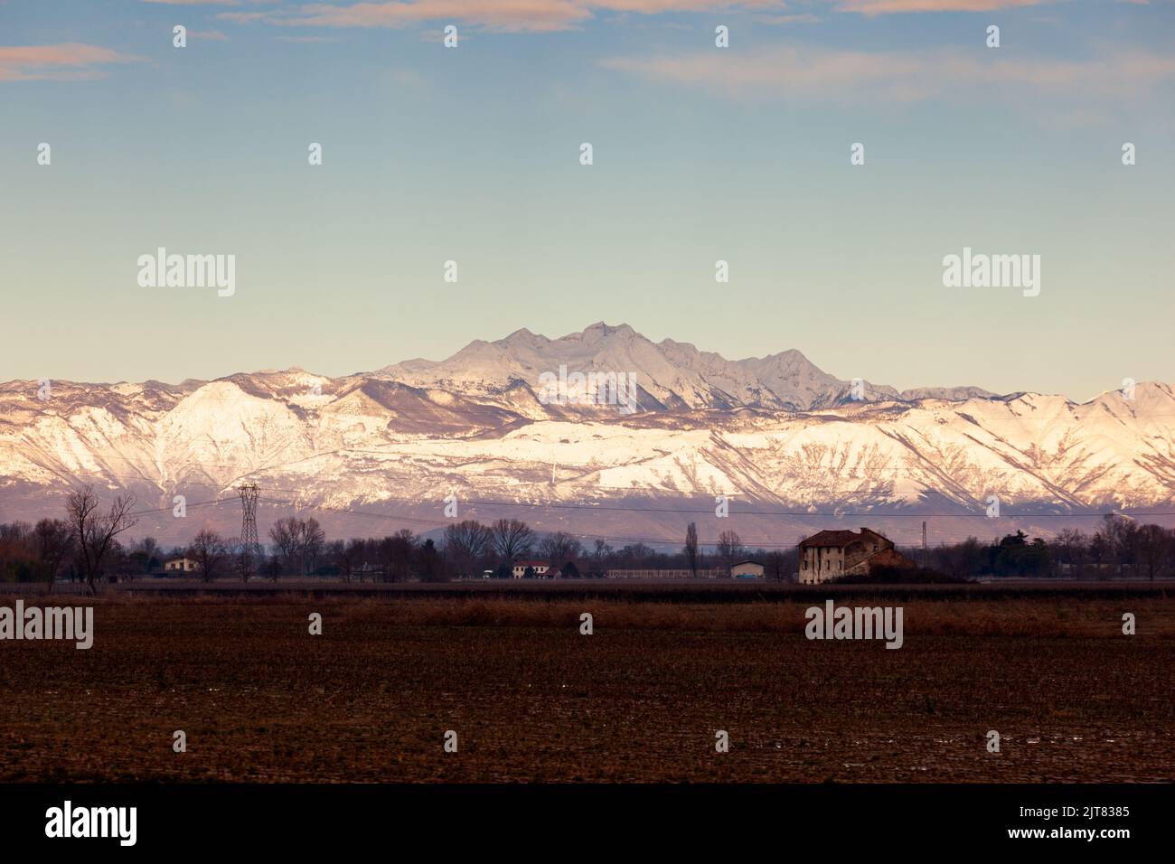 View of the Italian countryside with alp mountains on the background in ...