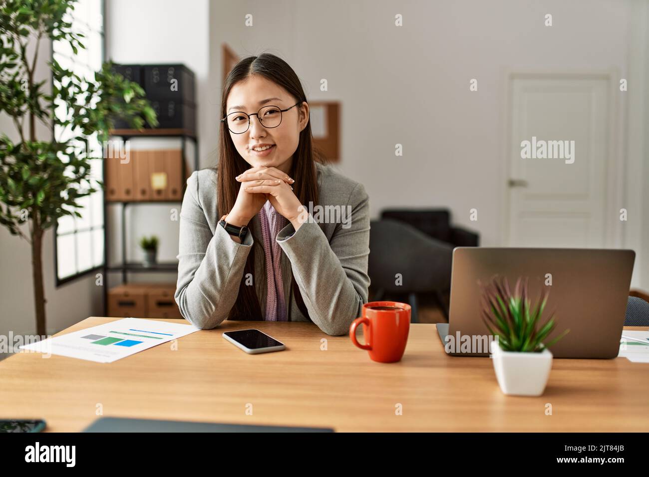 Young chinese businesswoman smiling happy working at the office Stock ...
