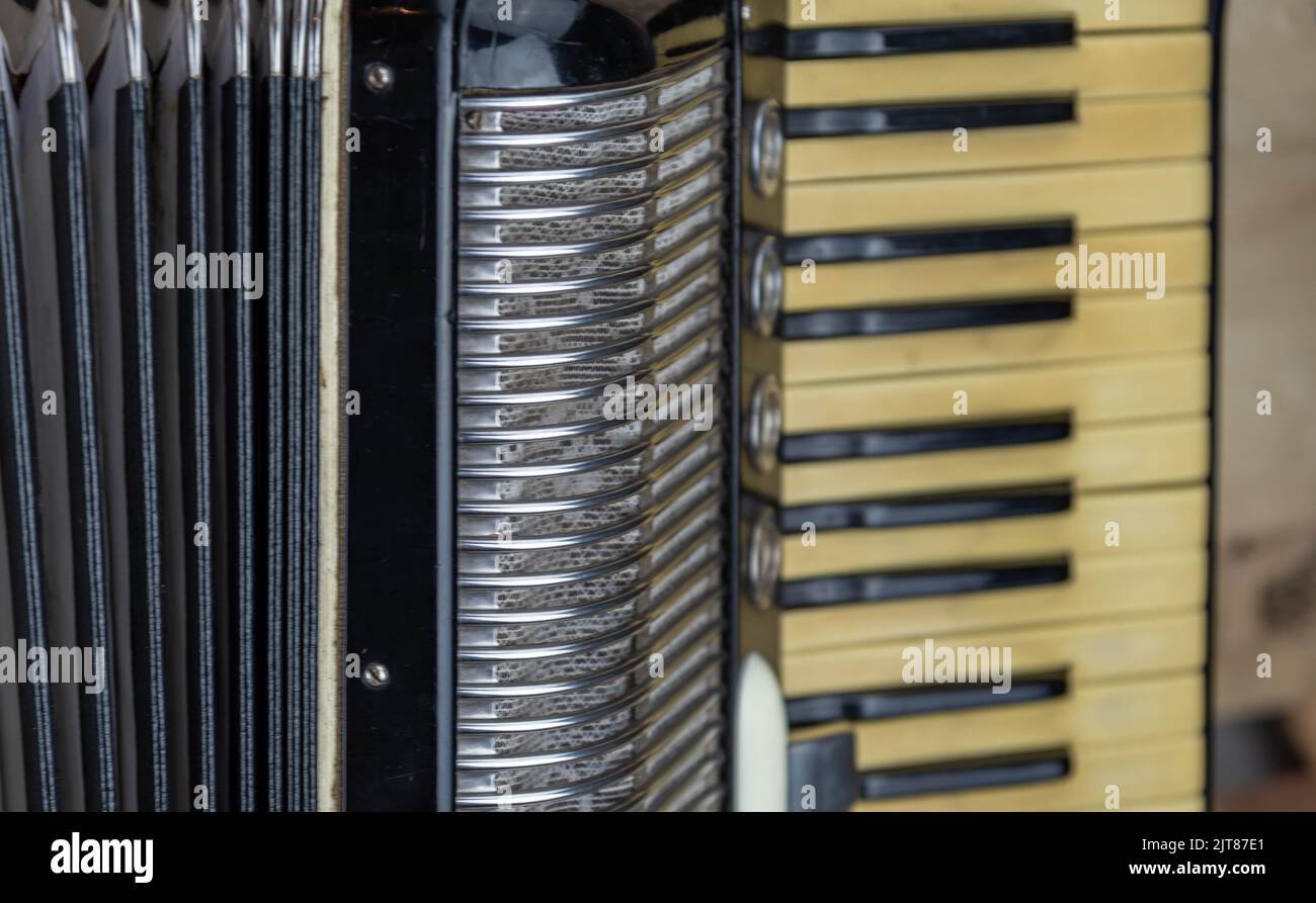 Old black 80 bass accordion. Musical instrument. Wind instrument ...