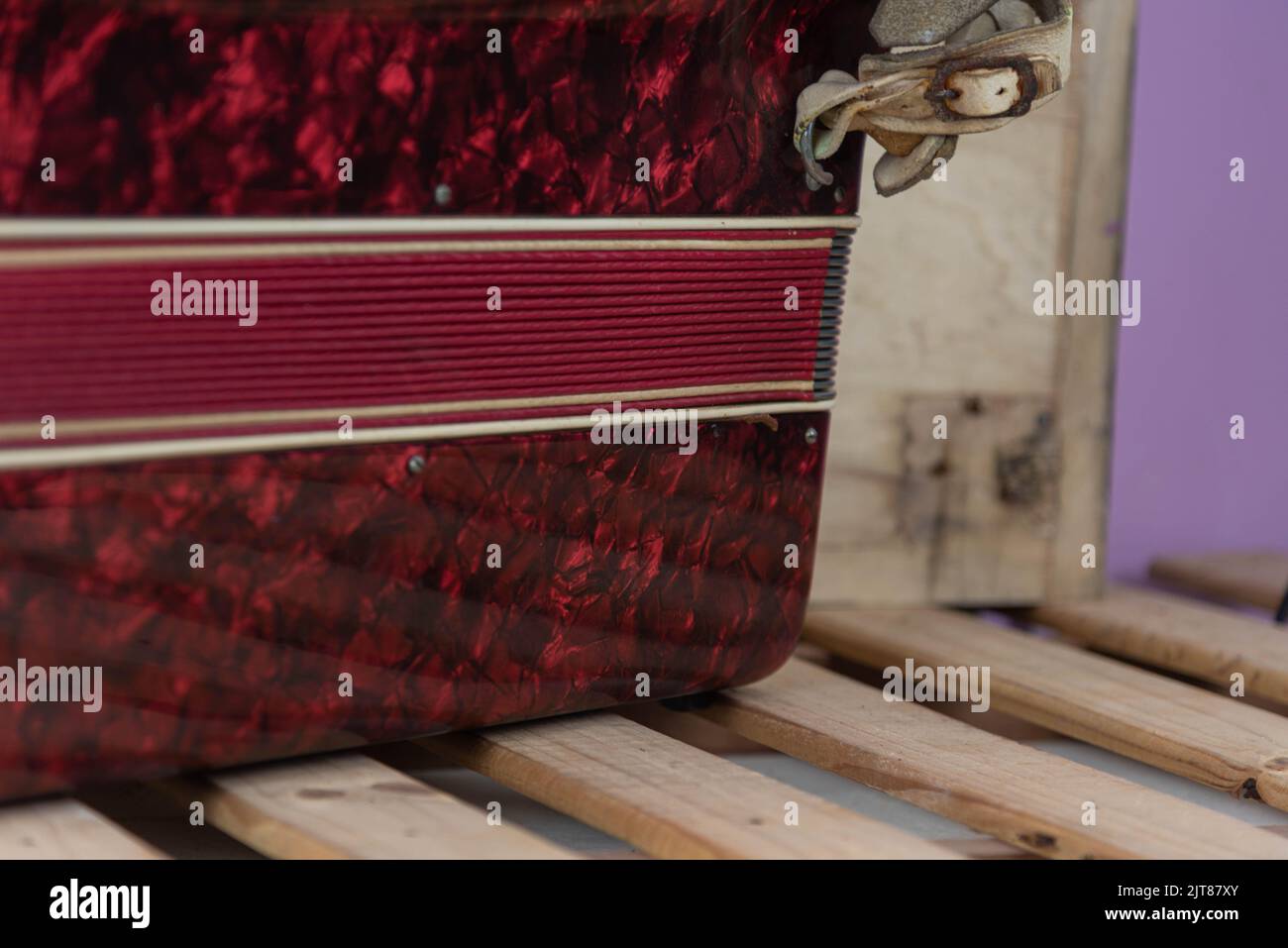 Old red accordion. Wind musical instrument. Old concertina. Musical ...