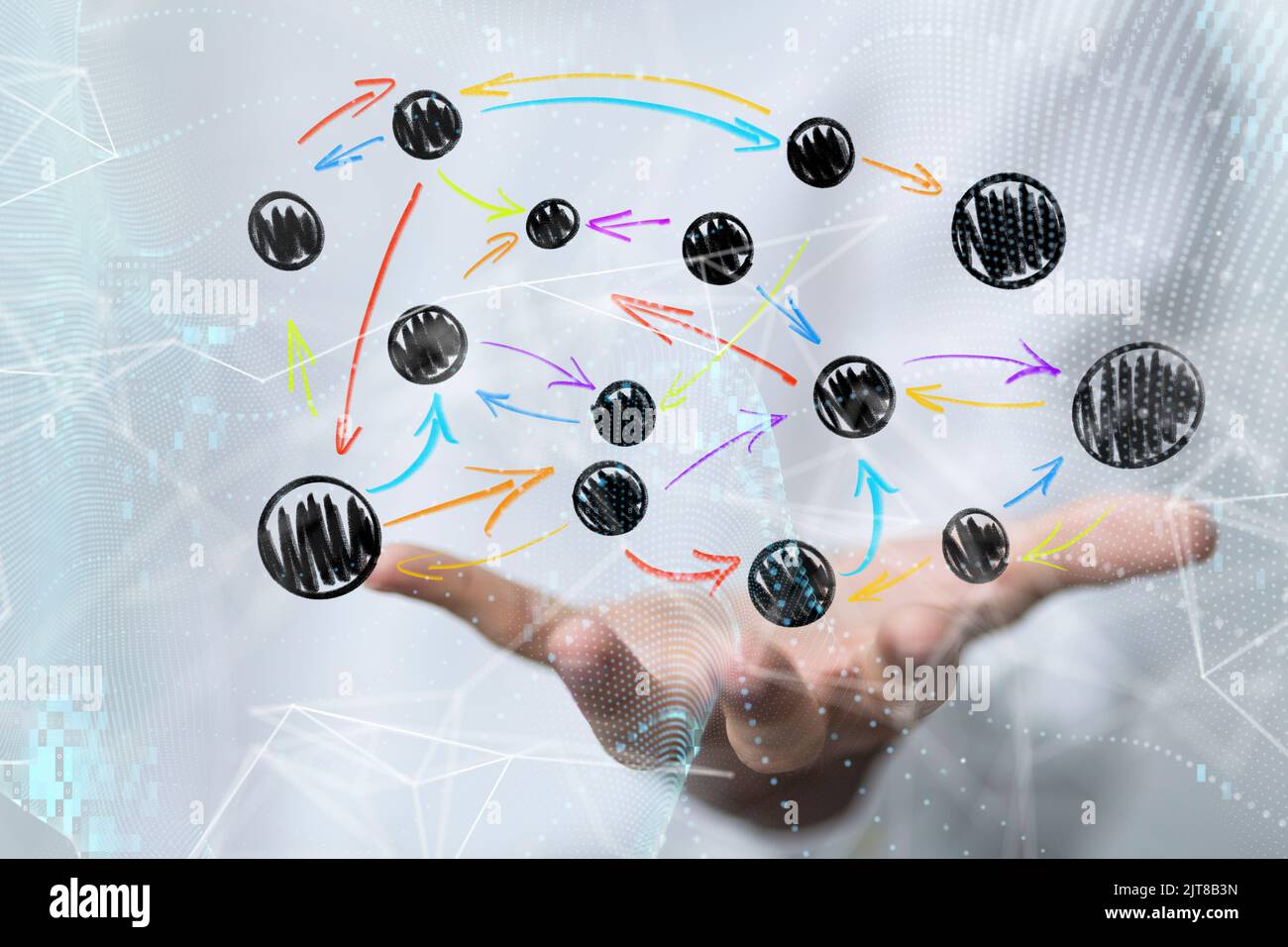 An illustrative graph of a nerual network floating on a man's palm ...