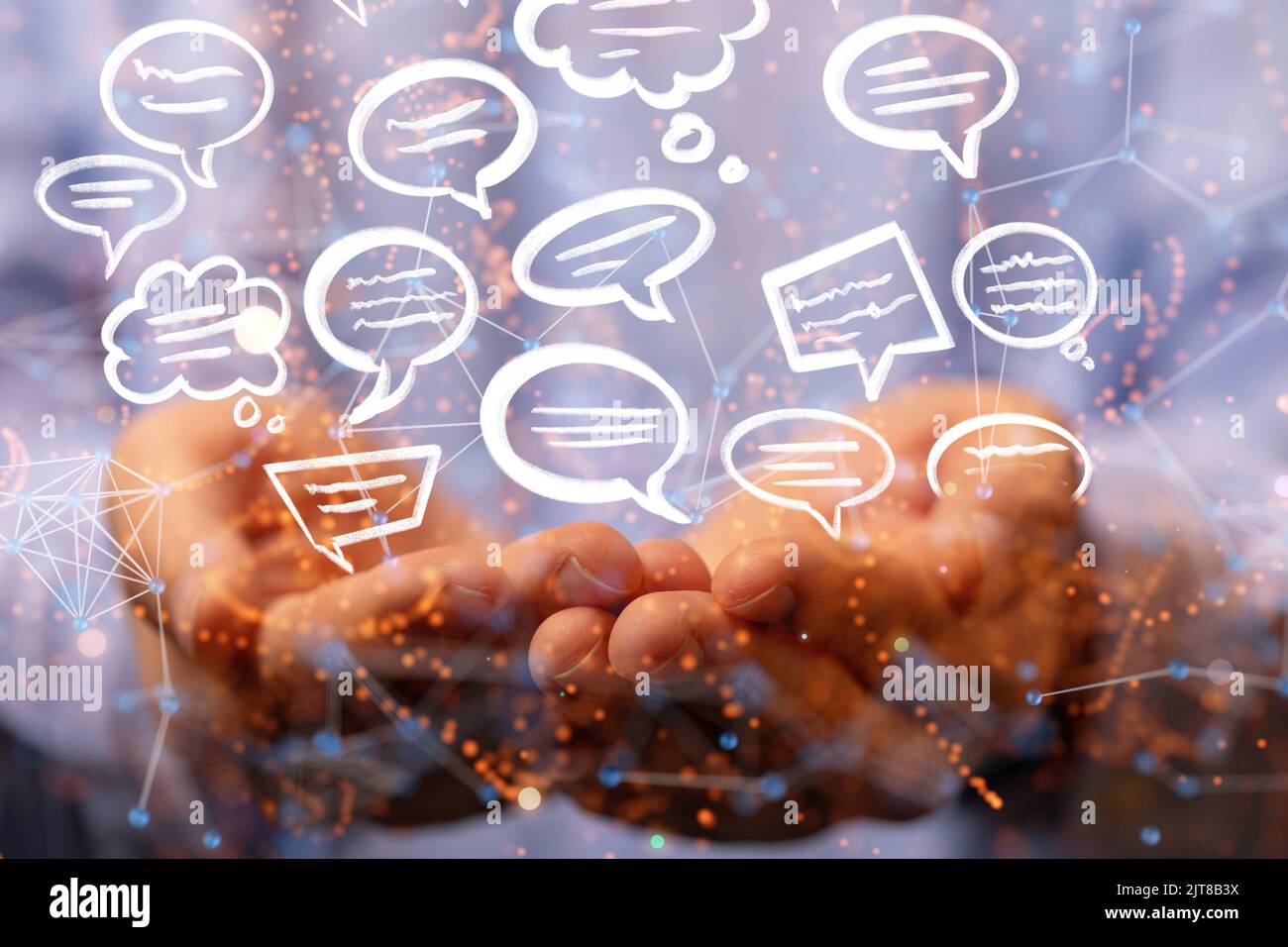 Illustrative speaking bubbles floating on a man's palms - concept of ...