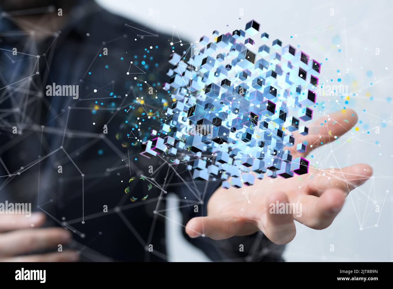 A man with an illustrative blockchain model floating on his palm Stock ...