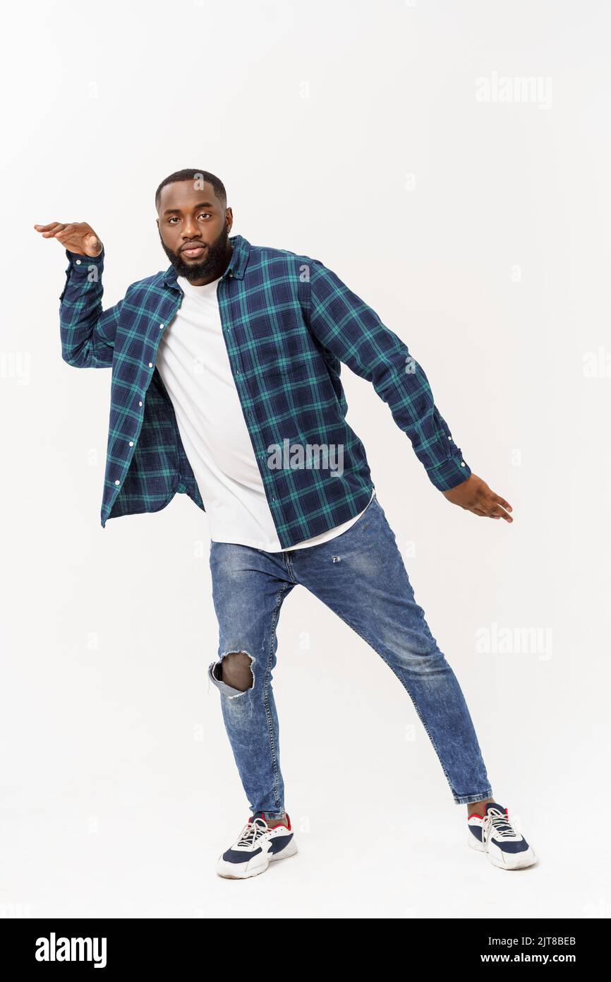 African American hip hop dancer performing isolated over white ...