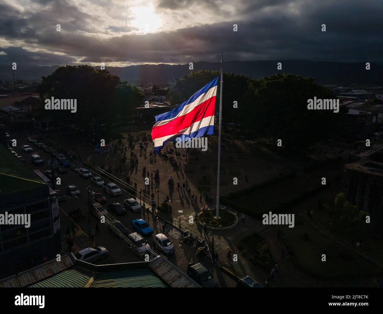 Beautiful aerial cinematic footage of the ruins, the CostaRican Flag ...