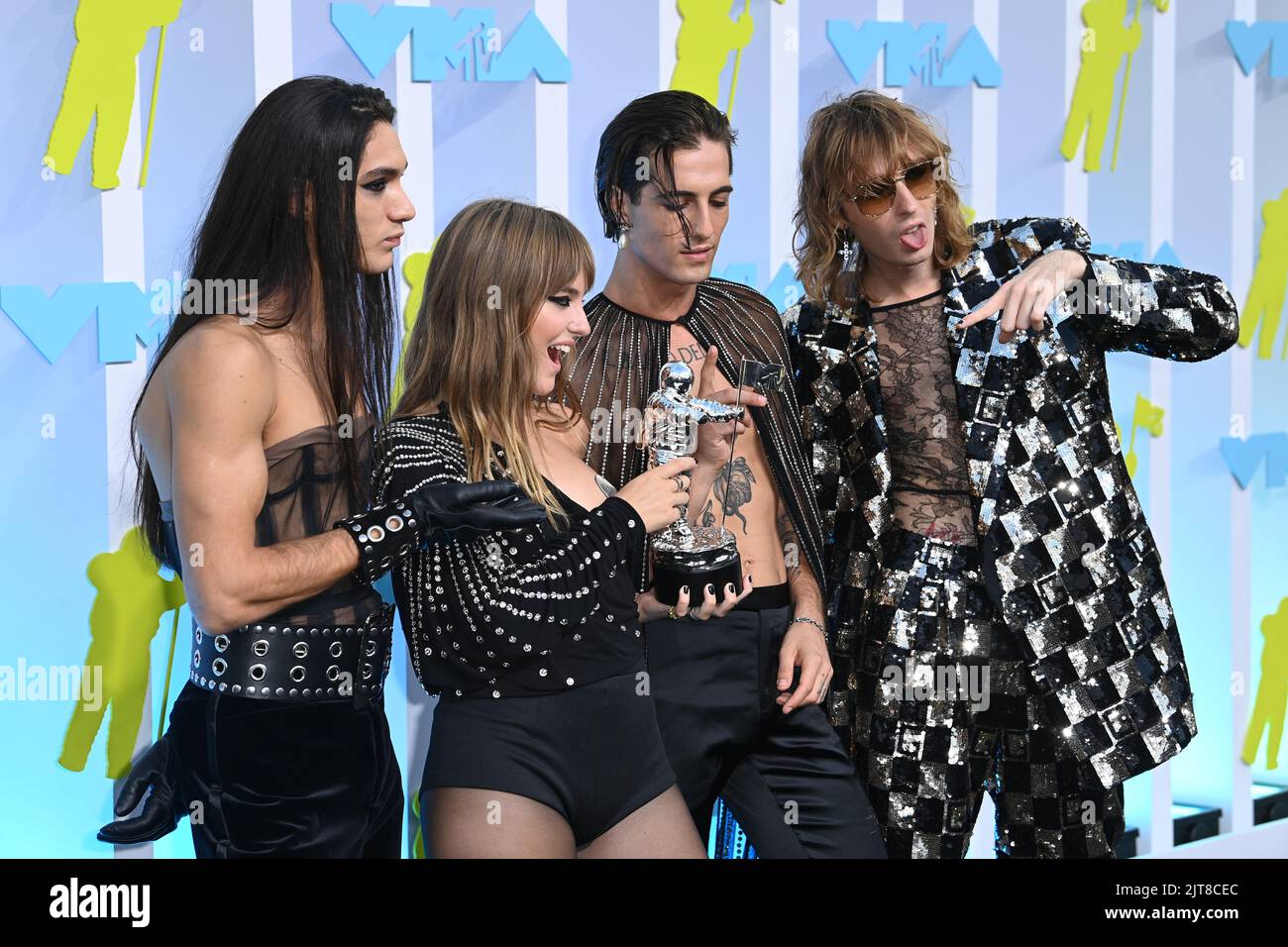 EDITORS NOTE NUDITY Maneskin, (left to right) Ethan Torchio, Victoria De Angelis, Damiano David ...